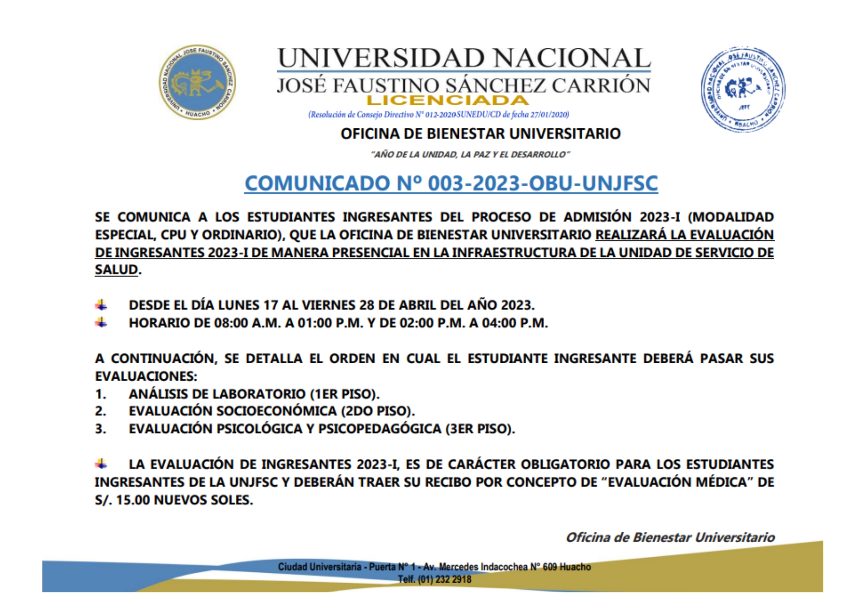 Comunicado N° 003 2023 Obu Unjfsc Universidad Nacional José Faustino