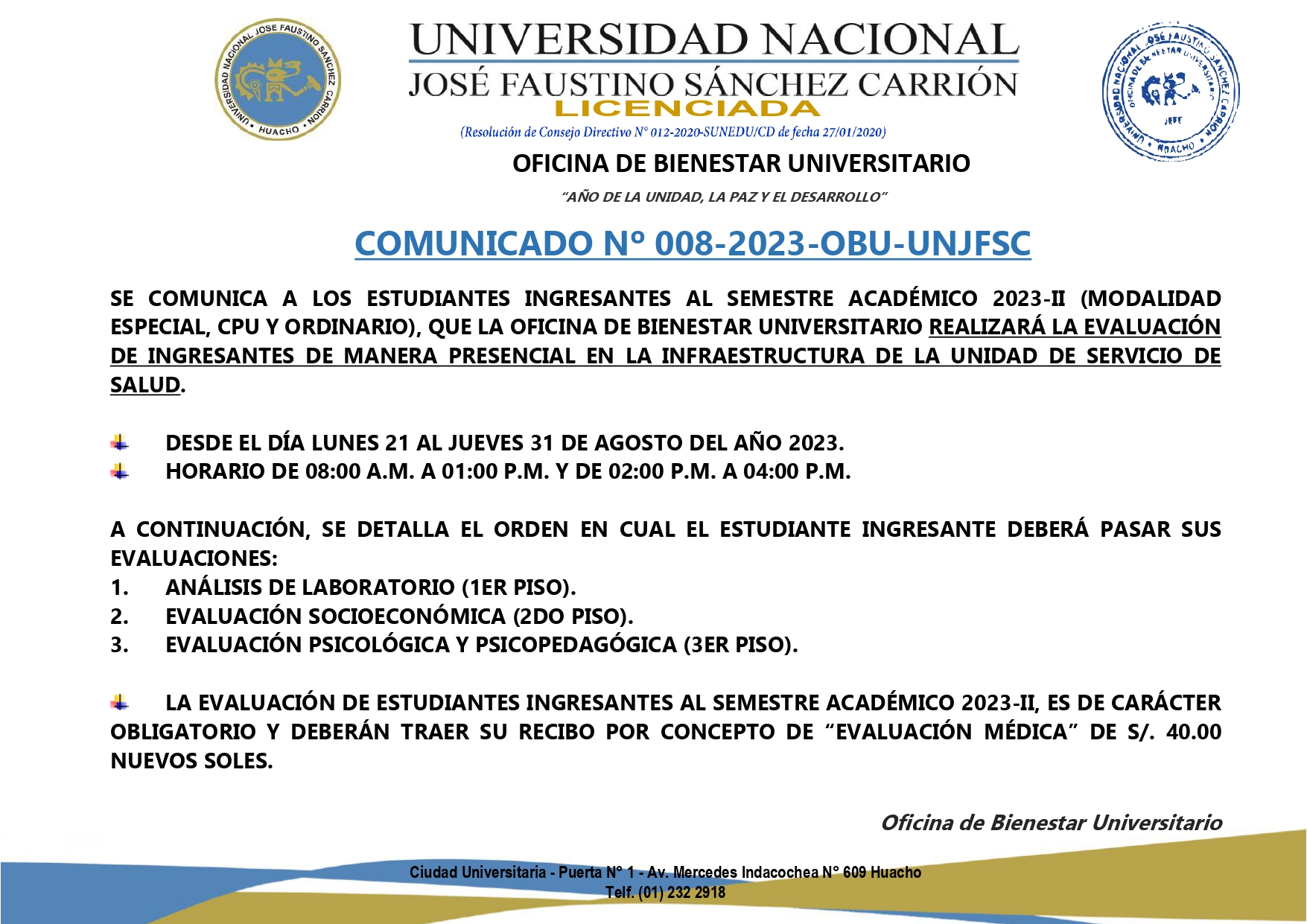 Comunicado Nº 008 2023 Obu Unjfsc EvaluaciÓn A Ingresantes En El